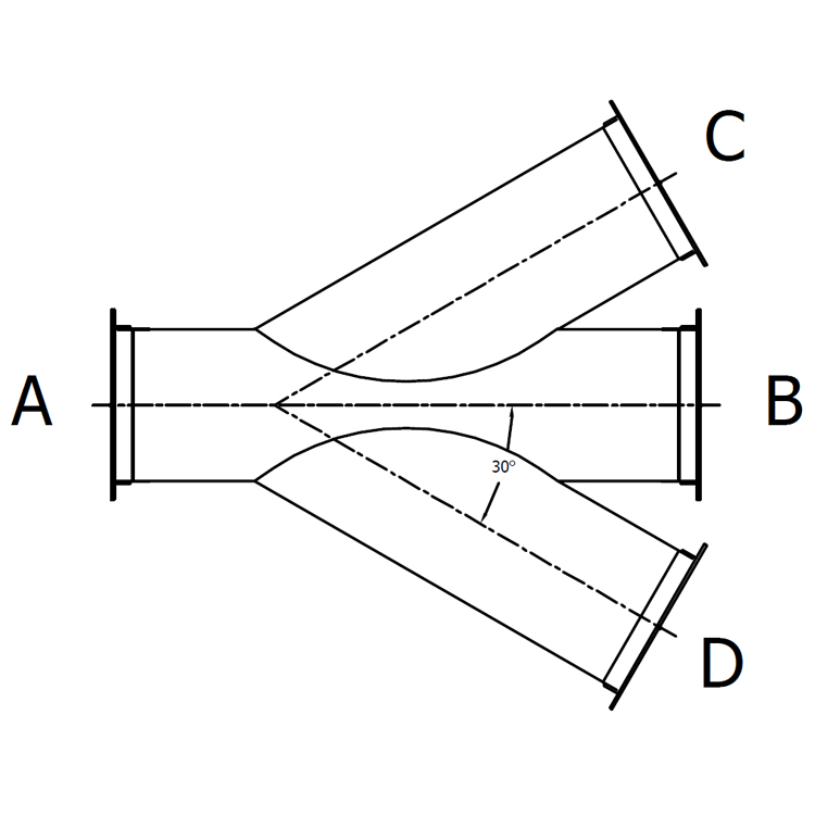 Flanged Double Branch 14 Gauge 30° | Products | Nordfab Ducting